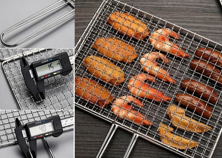 Square Crimped Fish BBQ Grill Wire Mesh Basket 25*40mm 30*45mm PTFE Coating